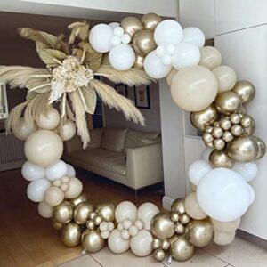 White Sand Gold Balloons Garland Arch Kit,159PCS White Nude Balloons with Metallic Chrome Gold Latex Balloons for Boho Wedding Baby Bridal Shower Engagement Anniversary Birthday Decorations Backdrop