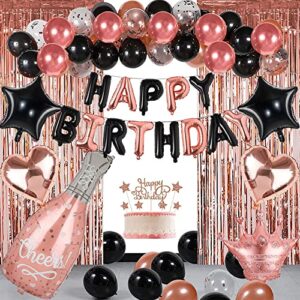 rose gold black happy birthday party decorations for women girls, decor set for her, happy birthday banner, foil balloons, fringe curtains, crown, cake topper for 13th 16th 18th 21st 30th 40th 50th