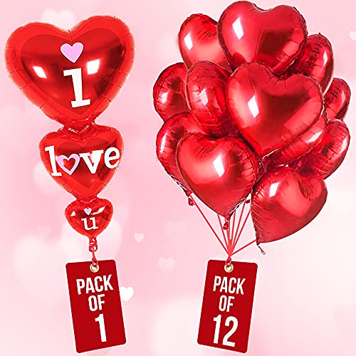 Katchon, XtraLarge 12+1 Red Heart Balloons - Pack of 13 Set | Big 36 Inch I Love You Balloons for Romantic Decorations Night | Happy Anniversary Proposal Balloons | Happy Birthday My Love Balloon