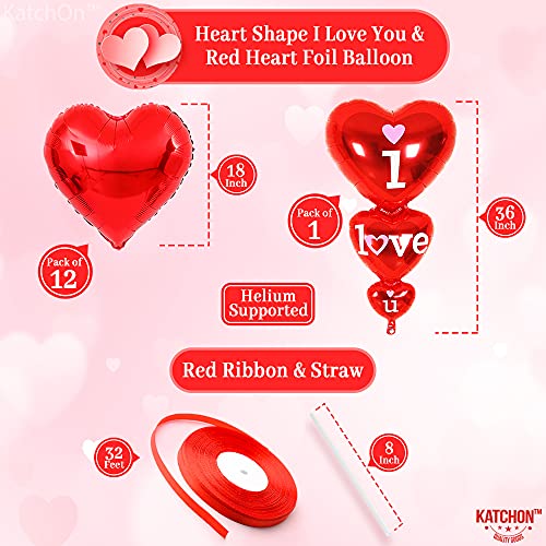 Katchon, XtraLarge 12+1 Red Heart Balloons - Pack of 13 Set | Big 36 Inch I Love You Balloons for Romantic Decorations Night | Happy Anniversary Proposal Balloons | Happy Birthday My Love Balloon