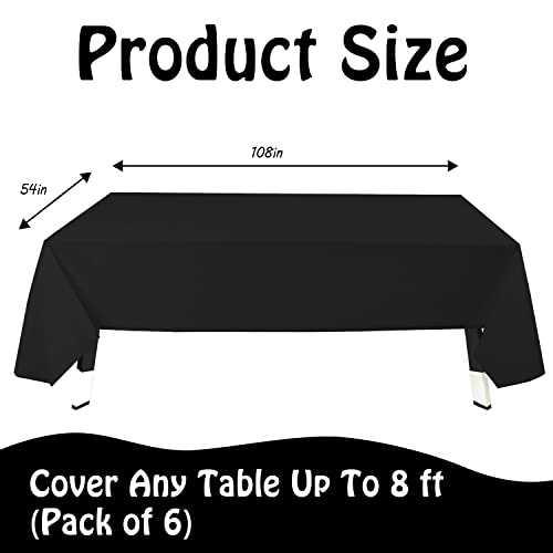 6 Pack Premium Disposable Plastic Tablecloth 54" x 108" Party Table Cloths Disposable for 6 to 8 Foot Tables Indoor or Outdoor Parties Birthdays Weddings Christmas Anniversary Buffet Table (Black)