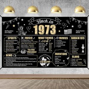 large 50th birthday banner backdrop decorations for men women, black gold back in 1973 50 birthday sign party supplies, happy 50 year old bday background decor for outdoor indoor