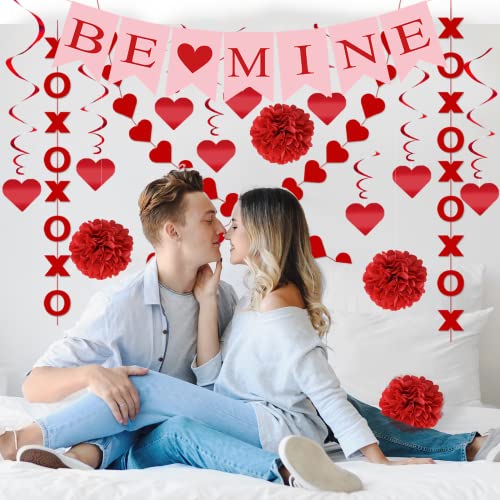 21Pcs Valentines Day Decorations Set Pre-Assembled Hanging Heart Swirls BE Mine Love Heart XO Garlands Banner for Home Classroom Office Wedding Party