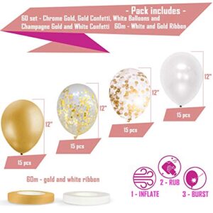 60 Pack Gold Balloons + Gold Confetti Balloons w/Ribbon | Balloons Gold | Gold Balloon | Gold Latex Balloons | Golden Balloons | White and Gold Balloons 12 inch | Clear Balloons with Gold Confetti |