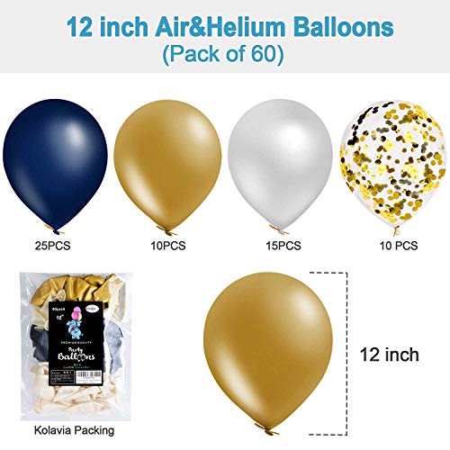 Kolavia 60PCS Navy Blue and Gold Confetti Balloons, Premium 12inch Pearl White and Gold Metallic Chrome Birthday Party Balloons, Balloons Bulk for Bridal Shower, Graduation Party Decoration