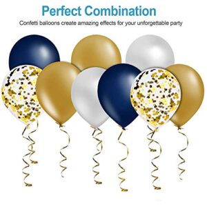 Kolavia 60PCS Navy Blue and Gold Confetti Balloons, Premium 12inch Pearl White and Gold Metallic Chrome Birthday Party Balloons, Balloons Bulk for Bridal Shower, Graduation Party Decoration