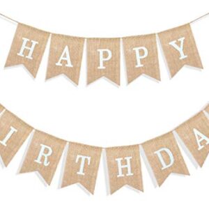 Uniwish Happy Birthday Banner for Birthday Party Decorations, Rustic Burlap Bunting Swallowtail Flags, 2 in 1