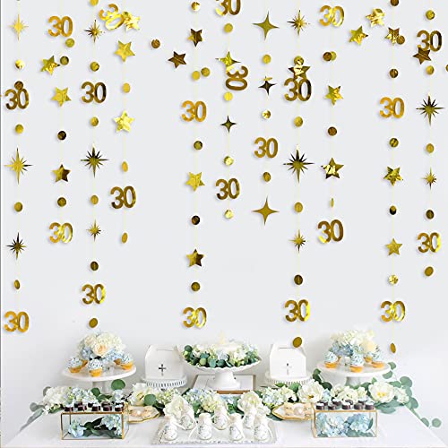 Gold 30th Birthday Decorations Number 30 Circle Dot Twinkle Star Garland Metallic Hanging Streamer Bunting Banner Backdrop for Her Happy Dirty 30 Year Old Birthday Thirty Anniversary Party Supplies