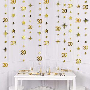 Gold 30th Birthday Decorations Number 30 Circle Dot Twinkle Star Garland Metallic Hanging Streamer Bunting Banner Backdrop for Her Happy Dirty 30 Year Old Birthday Thirty Anniversary Party Supplies