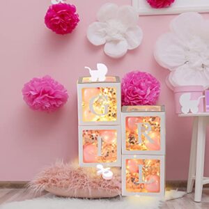 Baby Shower Balloon Box Decorations, 4 Pcs Baby Blocks Transparent Balloon Boxes with Baby Letters, 4 Pack Led Fairy String Lights and 40 Pcs Latex Balloons for Decor (Pink)