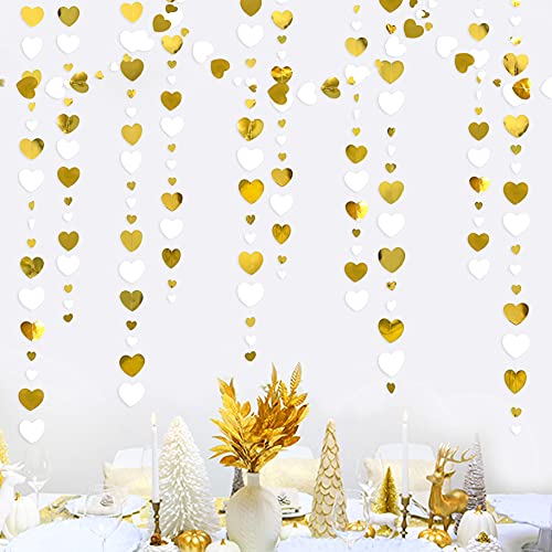 52Ft White and Gold Heart Garland Hanging Love Heart Streamer Banner for Anniversary Bachelorette Valentines Day Mothers Fathers Day Engagement Wedding Bridal Shower Birthday Party Decoration Supplies