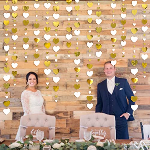 52Ft White and Gold Heart Garland Hanging Love Heart Streamer Banner for Anniversary Bachelorette Valentines Day Mothers Fathers Day Engagement Wedding Bridal Shower Birthday Party Decoration Supplies