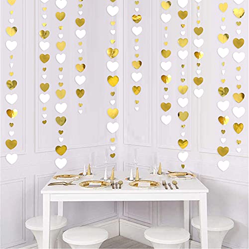 52Ft White and Gold Heart Garland Hanging Love Heart Streamer Banner for Anniversary Bachelorette Valentines Day Mothers Fathers Day Engagement Wedding Bridal Shower Birthday Party Decoration Supplies