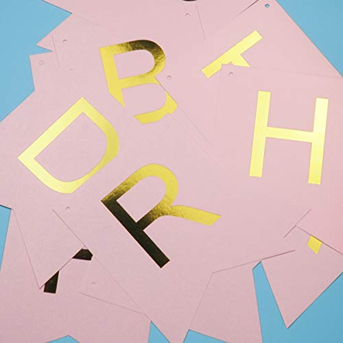 Pink Happy Birthday Banner with Shimmering Gold Letters, Happy Birthday Bunting Banner for Party Decorations, Swallowtail Flag Happy Birthday Sign, gold happy birthday banner for Kids Girls Birthday