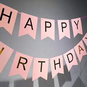 Pink Happy Birthday Banner with Shimmering Gold Letters, Happy Birthday Bunting Banner for Party Decorations, Swallowtail Flag Happy Birthday Sign, gold happy birthday banner for Kids Girls Birthday