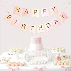 Pink Happy Birthday Banner with Shimmering Gold Letters, Happy Birthday Bunting Banner for Party Decorations, Swallowtail Flag Happy Birthday Sign, gold happy birthday banner for Kids Girls Birthday