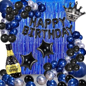 navy blue black happy birthday party decorations for men, arch kit for him her, banner, fringe curtains, beer foil balloons, balloon garland kit, crown for 20th 21st 22th 25th 30th 40th 50th 60th