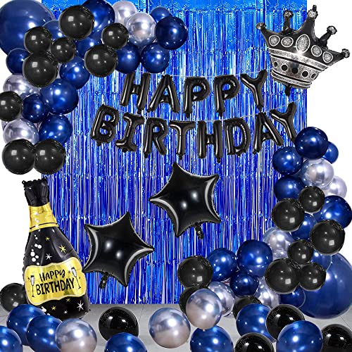 Navy Blue Black Happy Birthday Party Decorations for Men, Arch Kit for Him Her, Banner, Fringe Curtains, Beer Foil Balloons, Balloon Garland Kit, Crown for 20th 21st 22th 25th 30th 40th 50th 60th