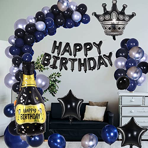 Navy Blue Black Happy Birthday Party Decorations for Men, Arch Kit for Him Her, Banner, Fringe Curtains, Beer Foil Balloons, Balloon Garland Kit, Crown for 20th 21st 22th 25th 30th 40th 50th 60th