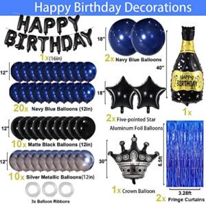 Navy Blue Black Happy Birthday Party Decorations for Men, Arch Kit for Him Her, Banner, Fringe Curtains, Beer Foil Balloons, Balloon Garland Kit, Crown for 20th 21st 22th 25th 30th 40th 50th 60th