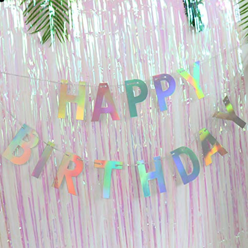 Pre-Strung Holographic Happy Birthday Banner - NO DIY - Iridescent White Hanging Bunting Garland Party Decorations