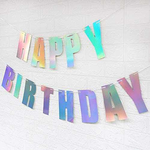 Pre-Strung Holographic Happy Birthday Banner - NO DIY - Iridescent White Hanging Bunting Garland Party Decorations