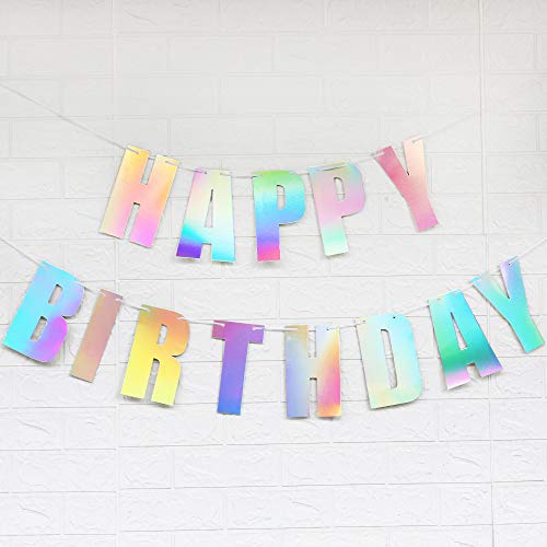 Pre-Strung Holographic Happy Birthday Banner - NO DIY - Iridescent White Hanging Bunting Garland Party Decorations