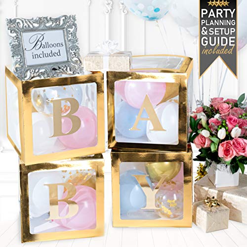 Gold Baby Boxes Gender Reveal Decorations | 79 Pcs | Set of 4 Letter Boxes, Balloons and Baby Letters | Baby Shower Decorations | Gender Reveal Box | Baby Shower Boxes | Its a Boy, Baby Box