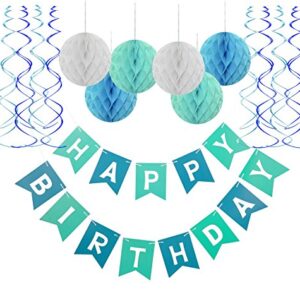 Fecedy Blue Happy Birthday Banner Honeycomb balls Swirls Streamers for Birthday Party Decorations