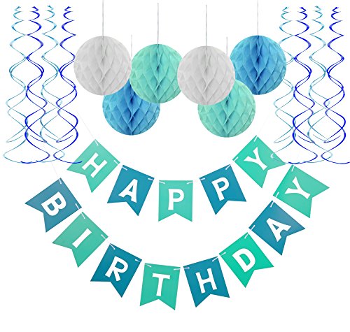 Fecedy Blue Happy Birthday Banner Honeycomb balls Swirls Streamers for Birthday Party Decorations