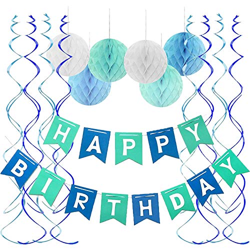 Fecedy Blue Happy Birthday Banner Honeycomb balls Swirls Streamers for Birthday Party Decorations