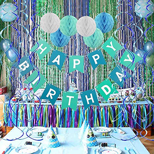 Fecedy Blue Happy Birthday Banner Honeycomb balls Swirls Streamers for Birthday Party Decorations