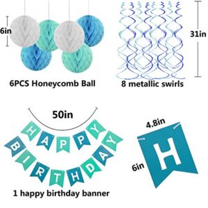 Fecedy Blue Happy Birthday Banner Honeycomb balls Swirls Streamers for Birthday Party Decorations