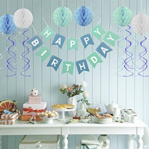 Fecedy Blue Happy Birthday Banner Honeycomb balls Swirls Streamers for Birthday Party Decorations