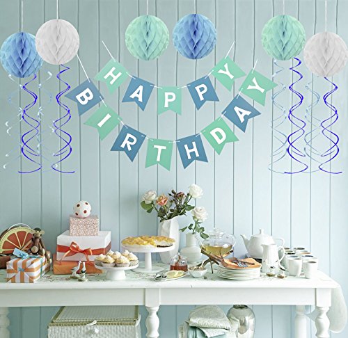 Fecedy Blue Happy Birthday Banner Honeycomb balls Swirls Streamers for Birthday Party Decorations