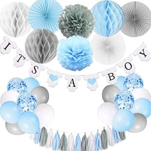 baby shower decorations for boy, it’s a boy banner with paper fan tissue pompoms honeycomb ball party balloons foil tassel, blue and grey it’s a boy baby shower decorations