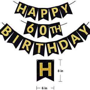 Famoby Black & Gold Glittery Happy 60th Birthday Banner,Poms,Sparkling 60 Hanging Swirls Kit for 60th Birthday Party 60th Anniversary Decorations Supplies