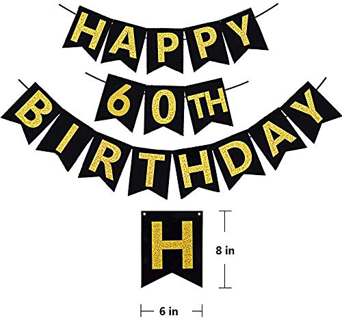 Famoby Black & Gold Glittery Happy 60th Birthday Banner,Poms,Sparkling 60 Hanging Swirls Kit for 60th Birthday Party 60th Anniversary Decorations Supplies