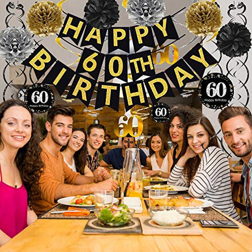 Famoby Black & Gold Glittery Happy 60th Birthday Banner,Poms,Sparkling 60 Hanging Swirls Kit for 60th Birthday Party 60th Anniversary Decorations Supplies