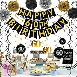 Famoby Black & Gold Glittery Happy 60th Birthday Banner,Poms,Sparkling 60 Hanging Swirls Kit for 60th Birthday Party 60th Anniversary Decorations Supplies