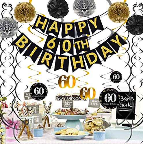 Famoby Black & Gold Glittery Happy 60th Birthday Banner,Poms,Sparkling 60 Hanging Swirls Kit for 60th Birthday Party 60th Anniversary Decorations Supplies