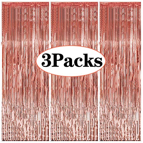 3pcs Foil Curtains Metallic Fringe Curtains Rose Gold, 3.28ft x 6.6ft Metallic Tinsel Curtains for Birthday Wedding Engagement Bachelorette Party Bridal Shower Baby Shower Decorations