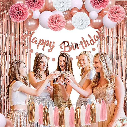 Rose Gold Pink Birthday Party Decorations, Happy Birthday Banner, Rose Gold Party Decorations for Women, 2PCS Fringe Curtains, Paper Tassels Garland, Circle Dots Garland for Women Girls Birthday Decorations