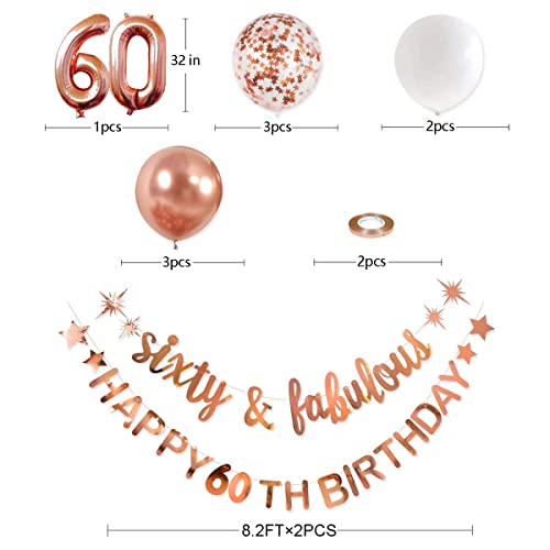 Rose Gold Sixty & Fabulous Happy 60th Birthday Banner Garland Foil Balloon 60 for Womens 60th Birthday Decorations Hanging 60 and Fabulous Cheers to 60 Years Old Birthday Party Supplies Backdrop