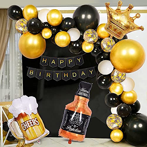 Black Gold Birthday Party Decorations Set Happy Birthday Confetti Balloons with Banner,Crown Balloons,Champagne Foil Balloons,Beer Cup Balloons for Men Women Birthday Party Supplies