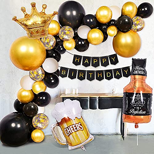 Black Gold Birthday Party Decorations Set Happy Birthday Confetti Balloons with Banner,Crown Balloons,Champagne Foil Balloons,Beer Cup Balloons for Men Women Birthday Party Supplies