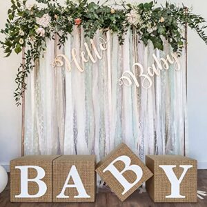 burlap print baby shower boxes for gender reveal party gender neutral baby shower centerpiece decor – 4 pcs burlap grain baby cubes baby blocks with letters, rustic baby shower decorations