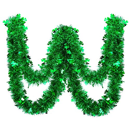 32.8 Feet St Patrick's Day Garland Shamrock Green Tinsel Garland Glitter St Patrick's Day decorations Metallic Shiny Twist tinsel garland for St. Patrick's Day Party Tree Home Decoration