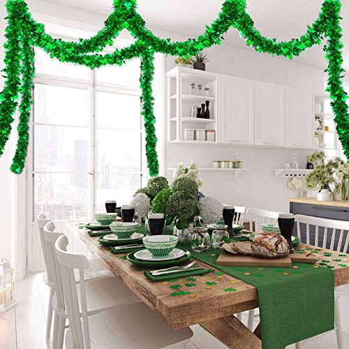 32.8 Feet St Patrick's Day Garland Shamrock Green Tinsel Garland Glitter St Patrick's Day decorations Metallic Shiny Twist tinsel garland for St. Patrick's Day Party Tree Home Decoration