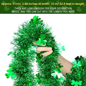 32.8 Feet St Patrick's Day Garland Shamrock Green Tinsel Garland Glitter St Patrick's Day decorations Metallic Shiny Twist tinsel garland for St. Patrick's Day Party Tree Home Decoration